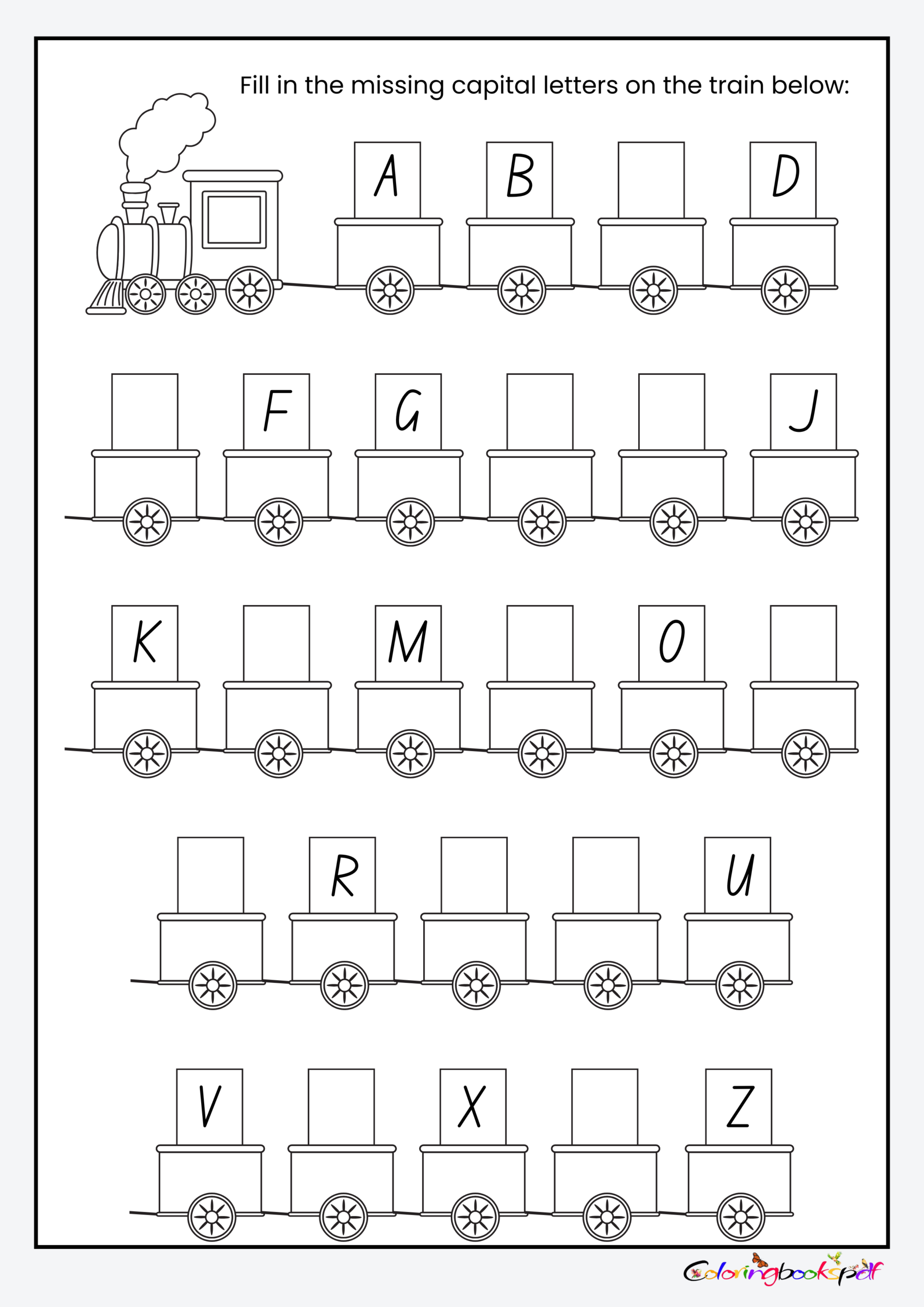 Alphabet Train Capital Letters Activity: Fill the Missing Printable